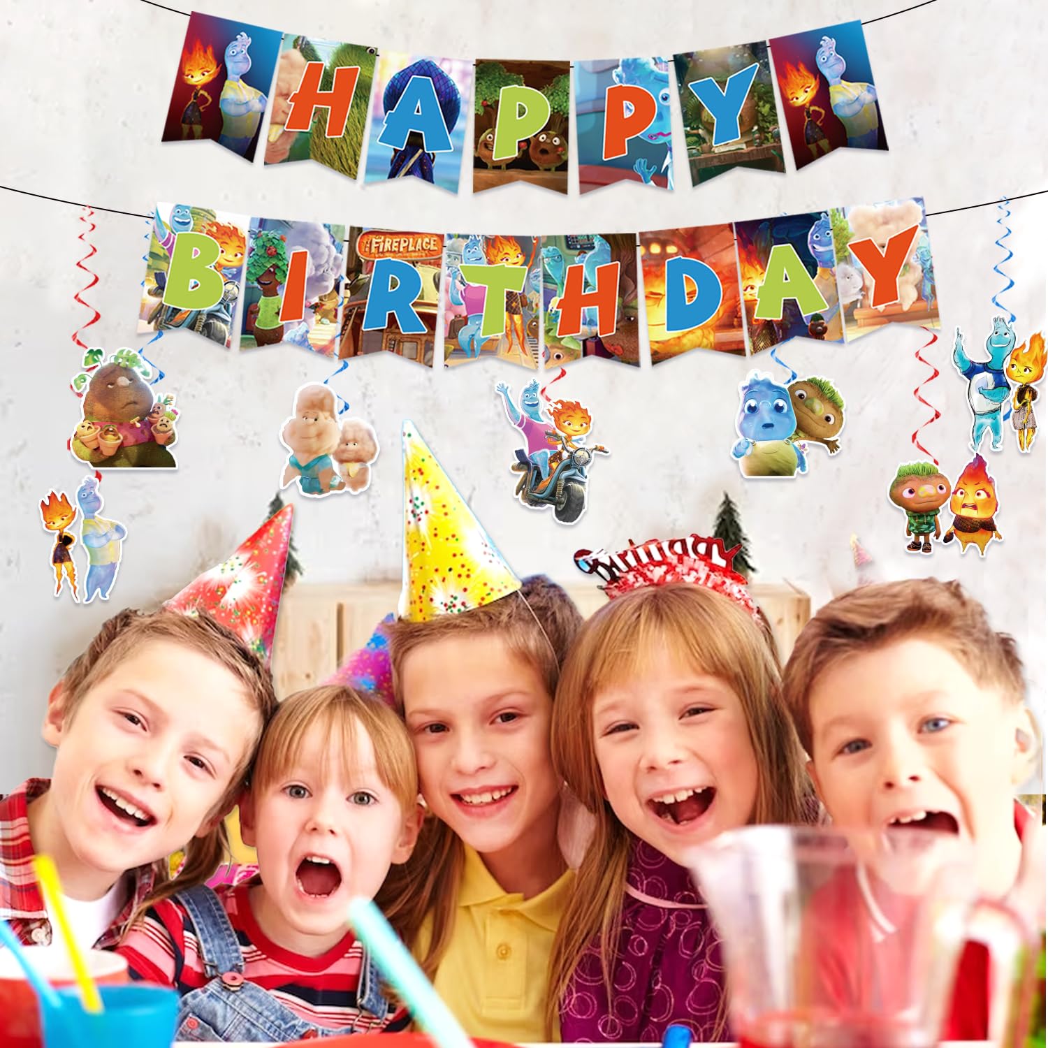 Elemental Birthday Banner and Hanging Swirls Decorations, Elemental Birthday Party Supplies Elemental Party Decorations Animation Elemental Birthday Decorations for Boys and Girls