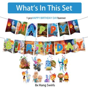 Elemental Birthday Banner and Hanging Swirls Decorations, Elemental Birthday Party Supplies Elemental Party Decorations Animation Elemental Birthday Decorations for Boys and Girls