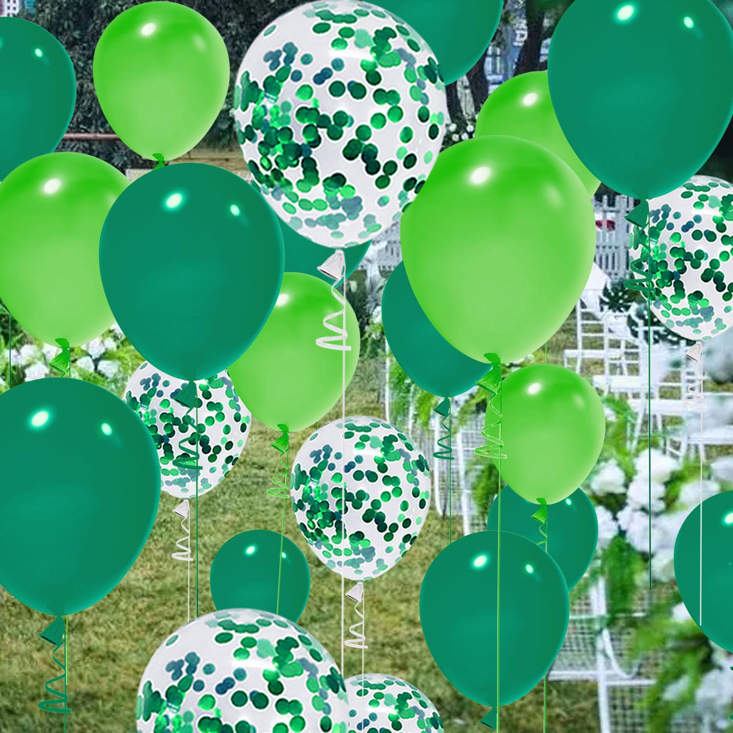 TKEJZu 60 Pcs 12 Inch Dark Green Balloons Fruit Green Balloons Green Confetti Balloons with Green Ribbons for Baby Shower Dino Jungle Birthday Party Decorations Supplies