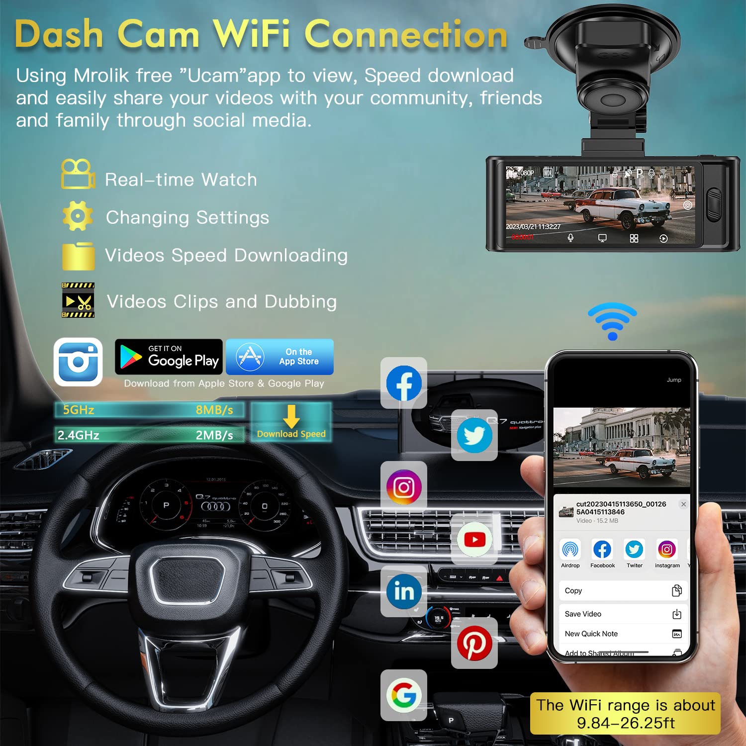 4K Dash Cam Front and Rear WiFi, Dash Cam 2160P 30fps Dash Camera for Cars W/GPS APP Car Camera W/Free 64GB Card, Dashcam W/Night Vision 24hrs Parking Mode G-Sensor Loop Recording WDR