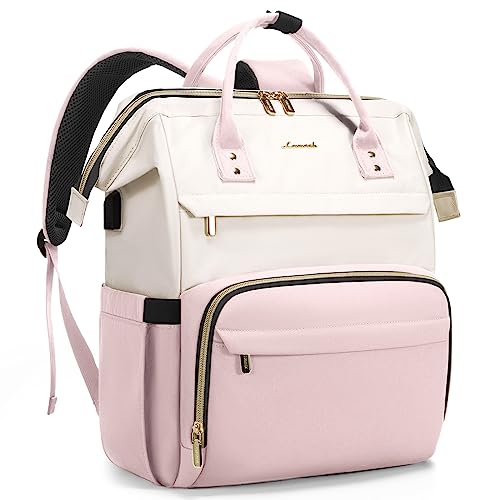 LOVEVOOK Laptop Backpack Purse for Women, 17 Inch Computer Business Stylish Backpacks, Doctor Nurse Bags for Work, Casual Daypack Backpack with USB Port, Pink-White