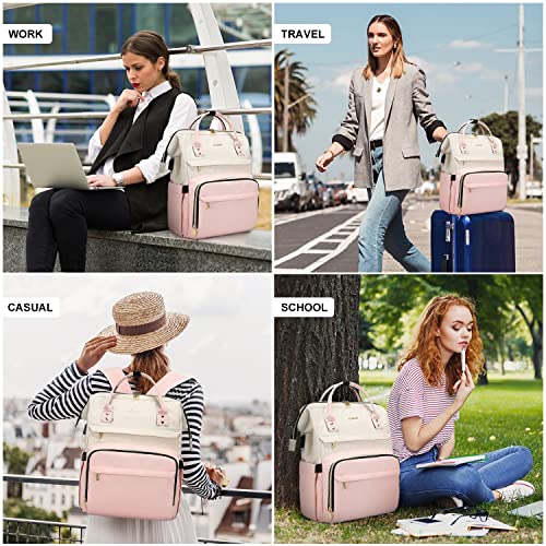 LOVEVOOK Laptop Backpack Purse for Women, 17 Inch Computer Business Stylish Backpacks, Doctor Nurse Bags for Work, Casual Daypack Backpack with USB Port, Pink-White