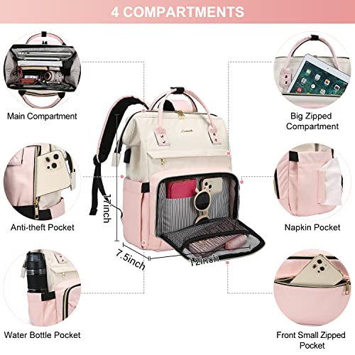 LOVEVOOK Laptop Backpack Purse for Women, 17 Inch Computer Business Stylish Backpacks, Doctor Nurse Bags for Work, Casual Daypack Backpack with USB Port, Pink-White