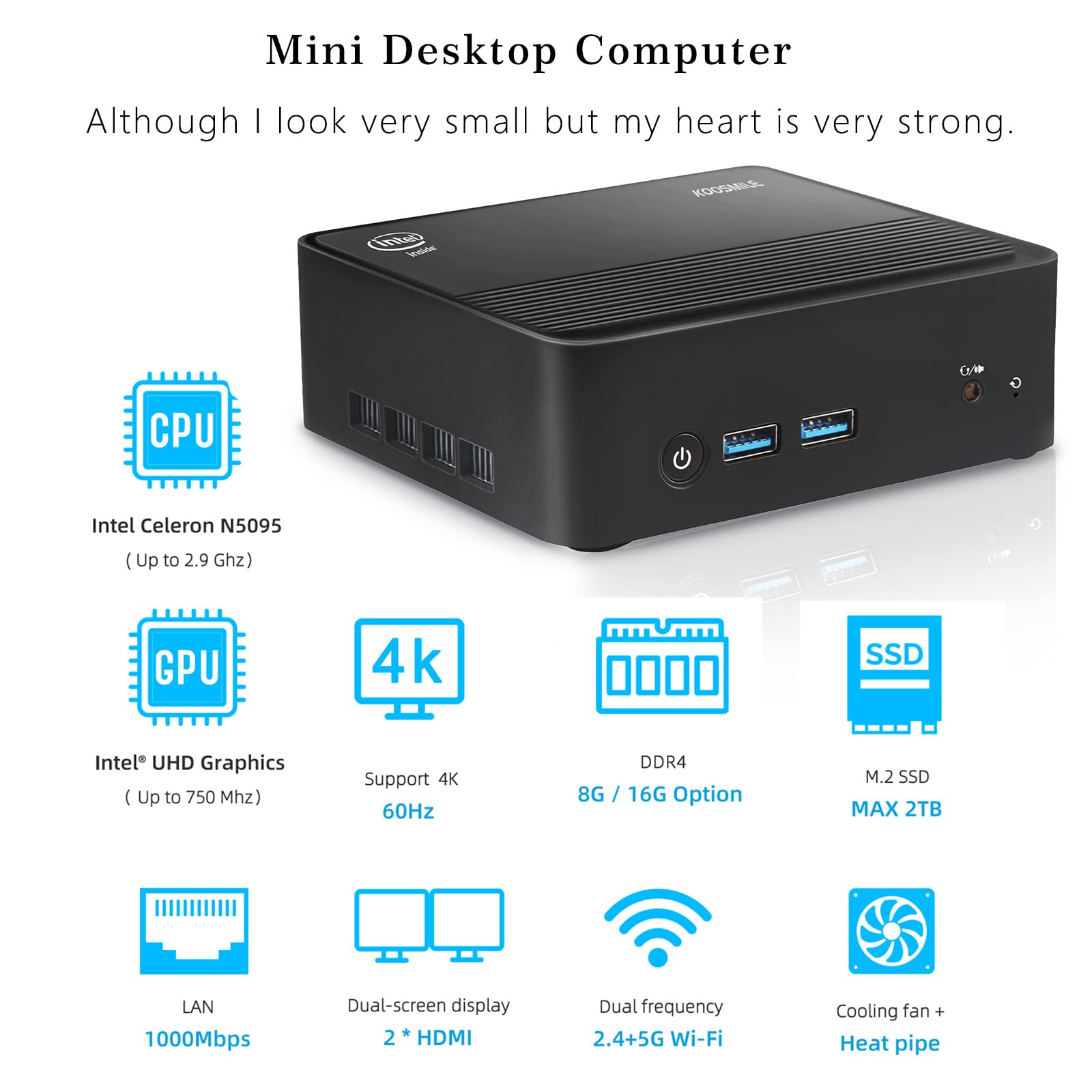 KOOSMILE Mini Pc Intel N5095 (Up to 2.9 GHz),Windows 11 Pro Mini Desktop Computer,16GB DDR4 RAM, 512GB M.2 SATA SSD (Up to 2TB) Small PC Support 4K UHD/Dual HDMI/ USB3.0/ BT4.0/2.4G+5G WiFi…