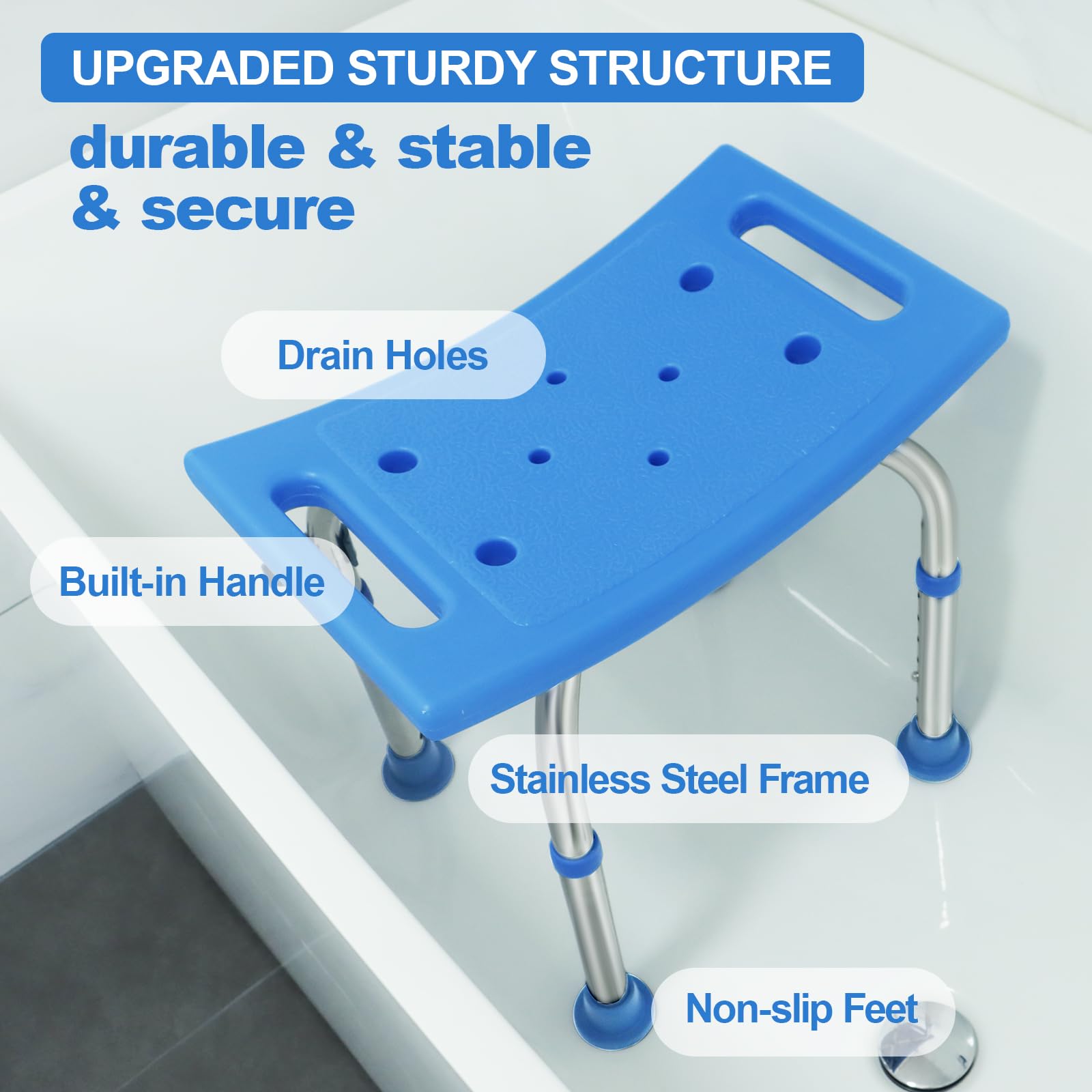 FSA/HSA Eligible Upgraded Heavy Duty Stainless Steel Shower Chair Seat, 400lbs Adjustable Shower Stool w/Assist Grab Bar/Padded,Blue Bath Seat Chair,Tool-Free Shower Seat for Inside Bathtub by UGarden