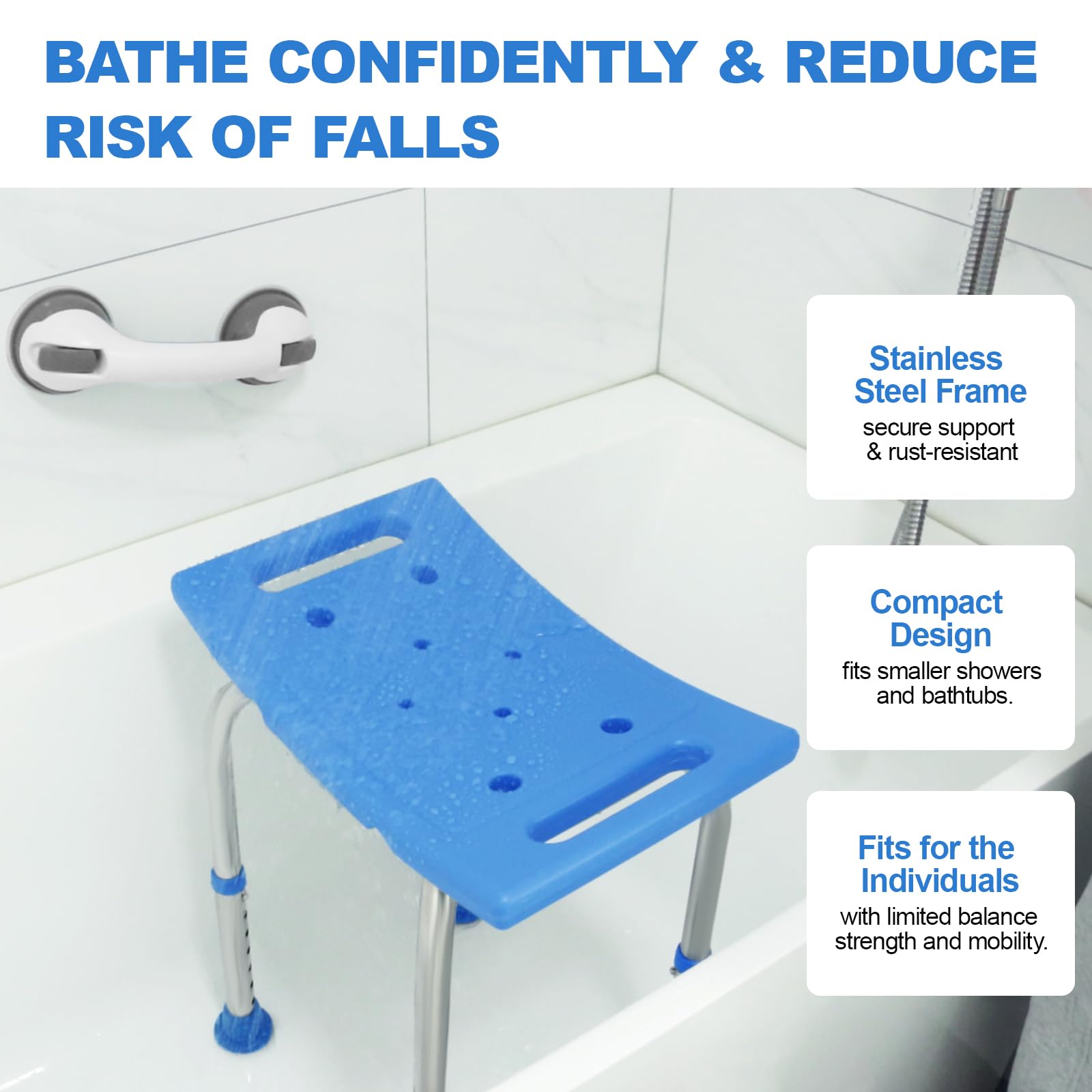 FSA/HSA Eligible Upgraded Heavy Duty Stainless Steel Shower Chair Seat, 400lbs Adjustable Shower Stool w/Assist Grab Bar/Padded,Blue Bath Seat Chair,Tool-Free Shower Seat for Inside Bathtub by UGarden