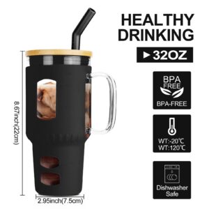 AeKahtay 32 oz Glass Tumbler with Handle, Glass Water Bottle with Lid and Straw, Iced Coffee Cup, Reusable Large Capacity Drinking Glass, Fits Most Cup Holders For Office Home Fitness