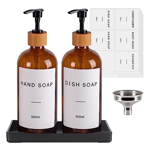 Glass Soap Dispenser, 16oz Shampoo Bottles with Pumps & Tray & Waterproof Labels Set, Liquid Container Counter Organizers for Bathroom Kitchen Lotion Conditioner, Home Decor Essentials (Amber)