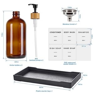 Glass Soap Dispenser, 16oz Shampoo Bottles with Pumps & Tray & Waterproof Labels Set, Liquid Container Counter Organizers for Bathroom Kitchen Lotion Conditioner, Home Decor Essentials (Amber)