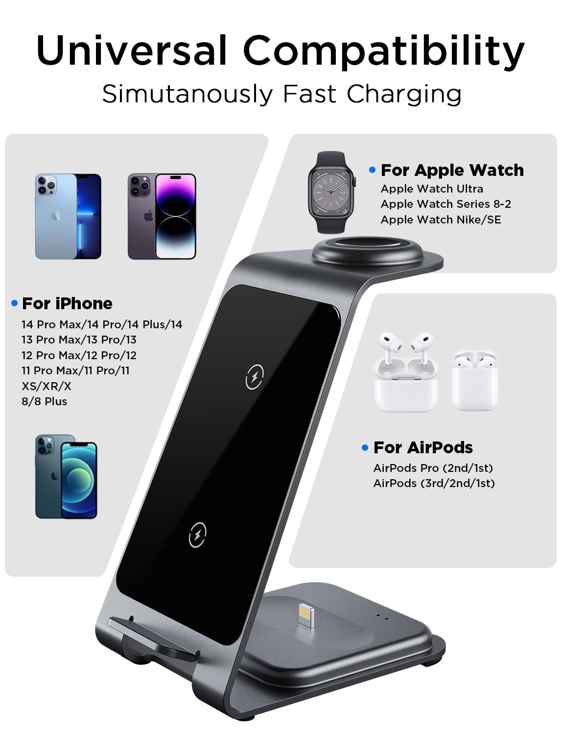 Lemoworld 15W Wireless Charger iPhone Fast Charging, 3 in 1 Wireless for Apple Charging Station Multiple Device [Metal] iPhone Charging Station for iPhone 15/14/13/12/11/Pro/Max/Apple Watch/Airpods