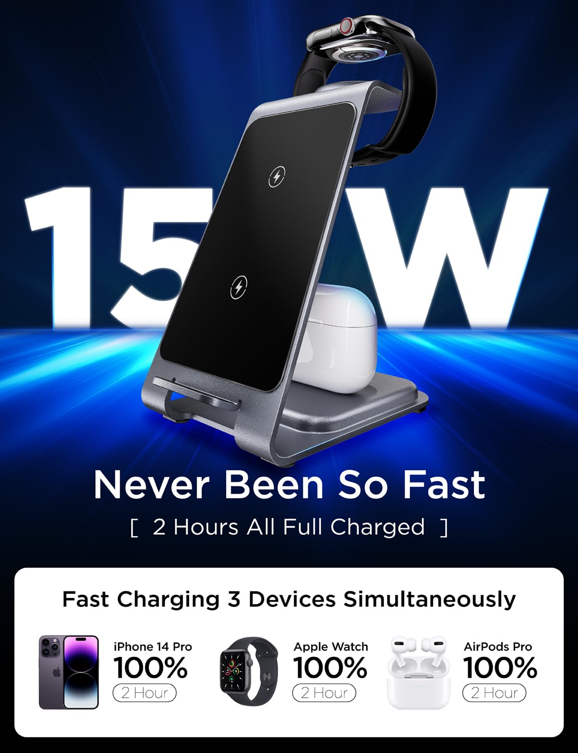 Lemoworld 15W Wireless Charger iPhone Fast Charging, 3 in 1 Wireless for Apple Charging Station Multiple Device [Metal] iPhone Charging Station for iPhone 15/14/13/12/11/Pro/Max/Apple Watch/Airpods