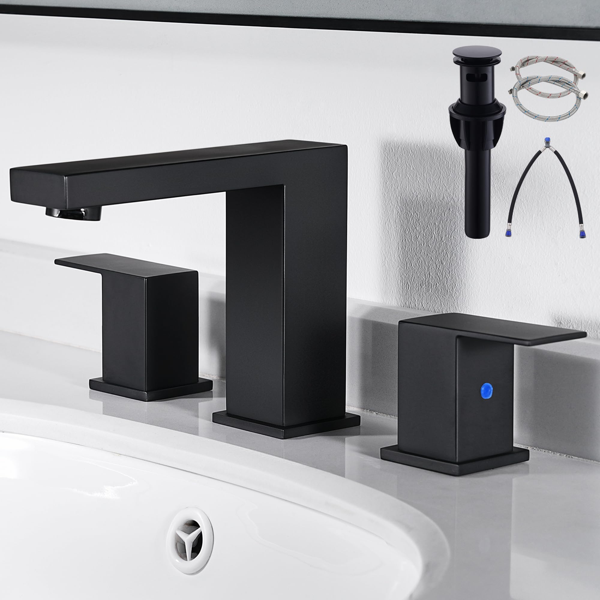 FROPO Black Bathroom Faucet 3 Hole - 8Inch Widespread Bathroom Sink Faucets | Two Handles Brass Modern Vanity Sink Faucets with Overflow Pop-up Drain & Supply Lines Matte Black