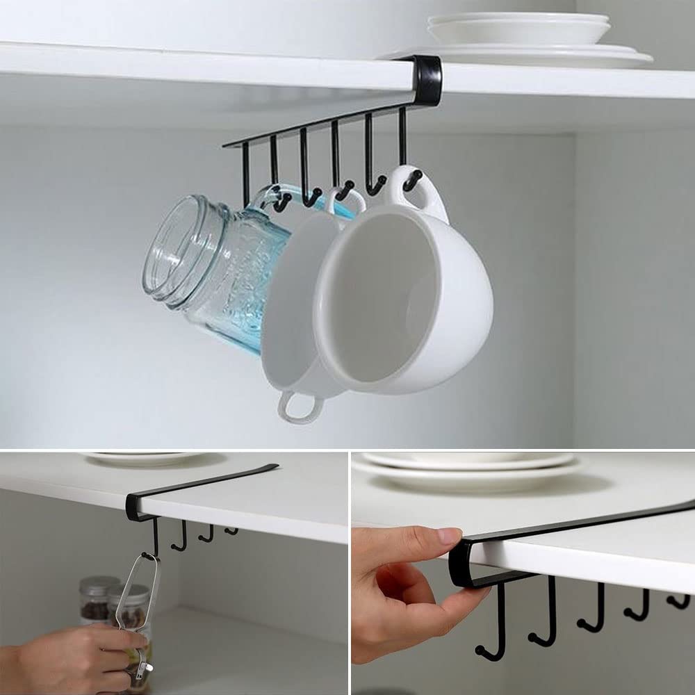 2 Pack Storage Mug Hooks Rack Under Cabinet Each with 6 Hooks, Cup Holder Hanger, Wine Glasses Kitchen Utensil Hanger, Ties Belts Scarf Hanging Hook Rack, Mug Hook Hanger Under Shelf Without Drilling