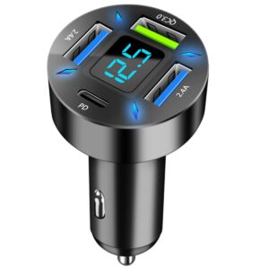 gemcoo 4 port usb car charger adapter 50w pd & qc3.0 usb 2.4a cigarette lighter usb charger with led voltmeter fast charger compatible with iphone, android, samsung, ipad pro