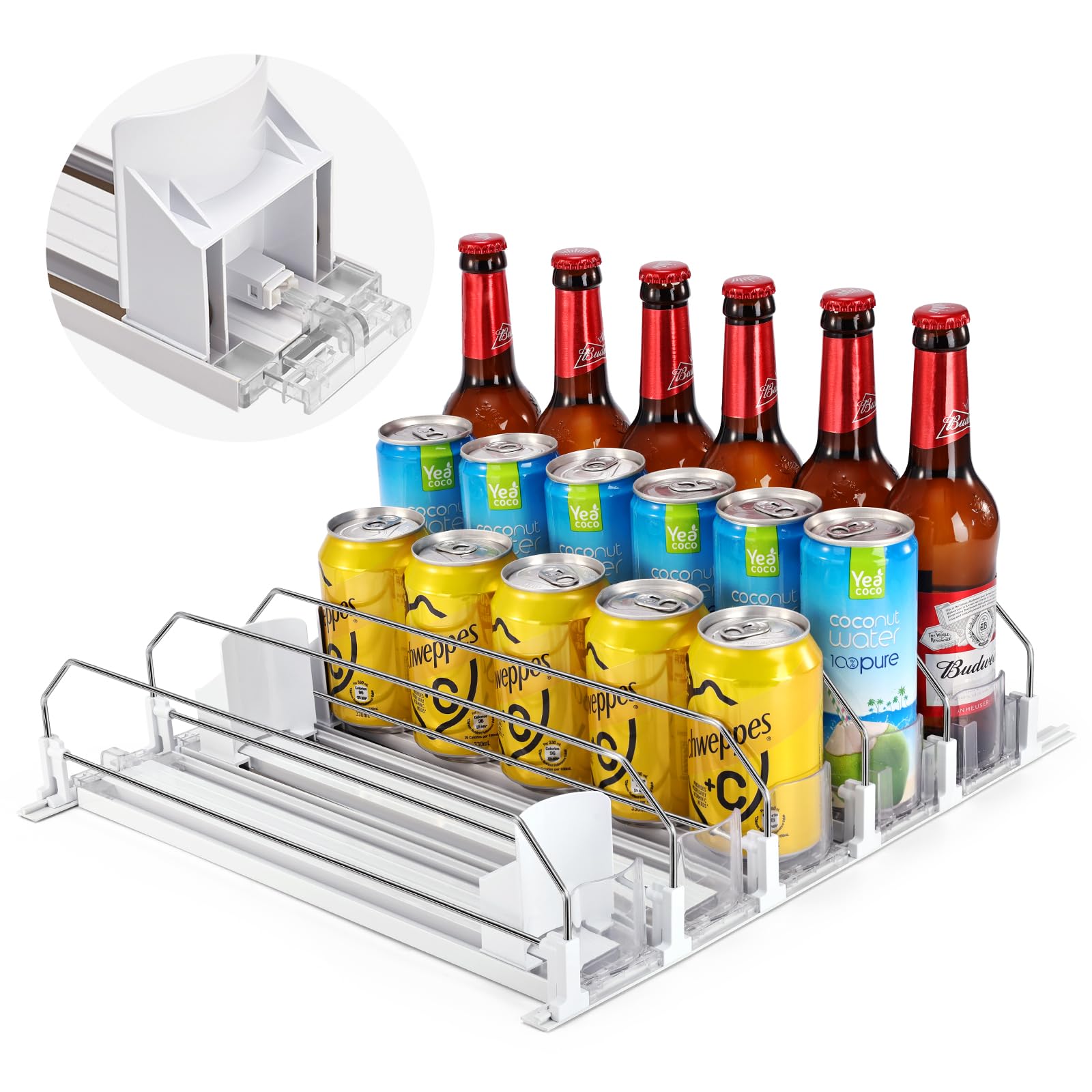 LAKIX Drink Organizer for Fridge, Self-Sliding Soda Can Organizer for Refrigerator and Adjustable Width, 12oz 16oz 20oz drinks can be accommodated, up to 25 Cans（5 Rows, 41 CM）