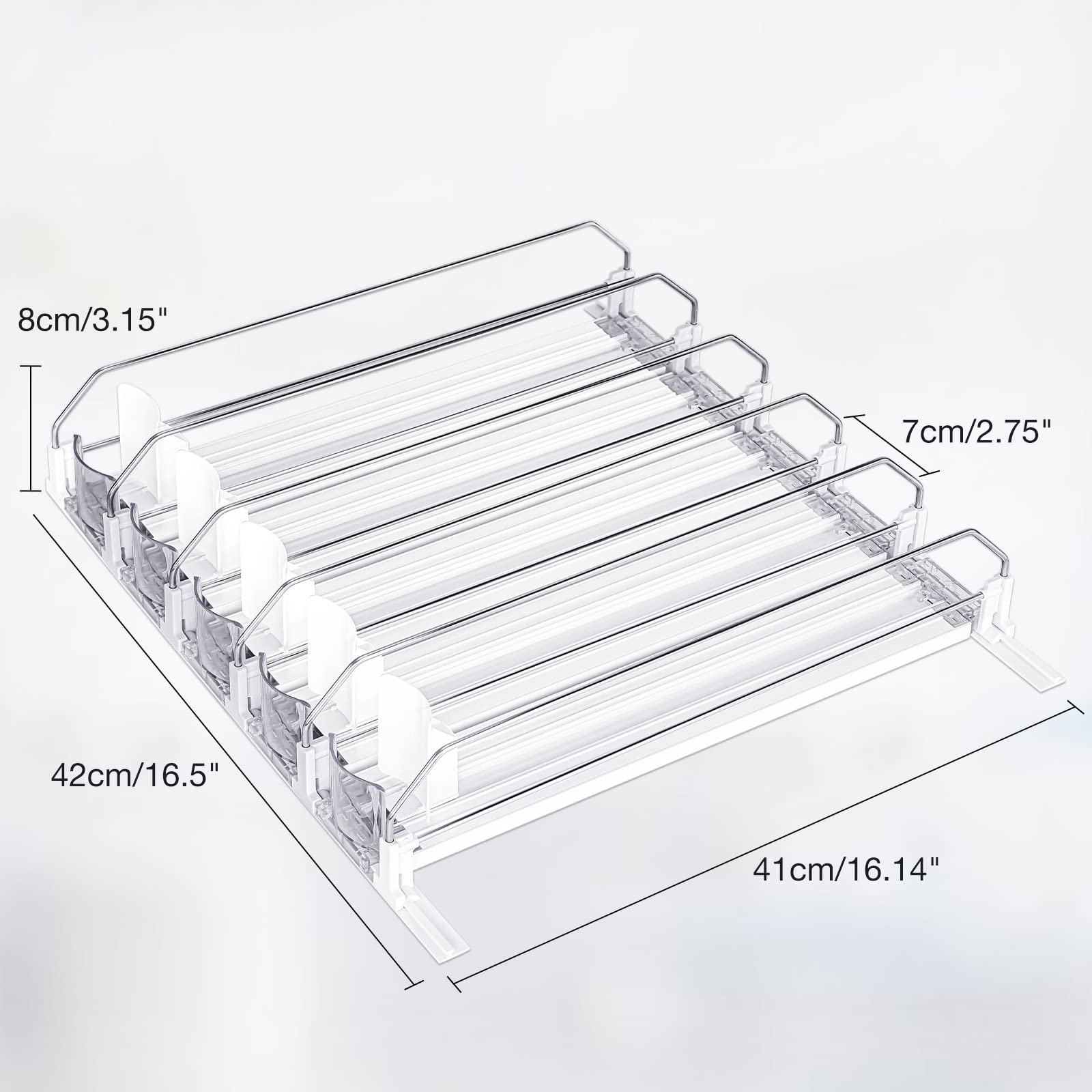 LAKIX Drink Organizer for Fridge, Self-Sliding Soda Can Organizer for Refrigerator and Adjustable Width, 12oz 16oz 20oz drinks can be accommodated, up to 25 Cans（5 Rows, 41 CM）