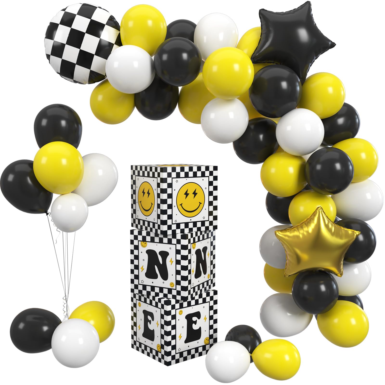 One Happy Dude Balloon Boxes 1st Birthday Party Balloon Blocks Smile Themed Birthday Party Balloon Arch Kit for Boy Party Decor Yellow Black Lightening Checkered Backdrop Favors