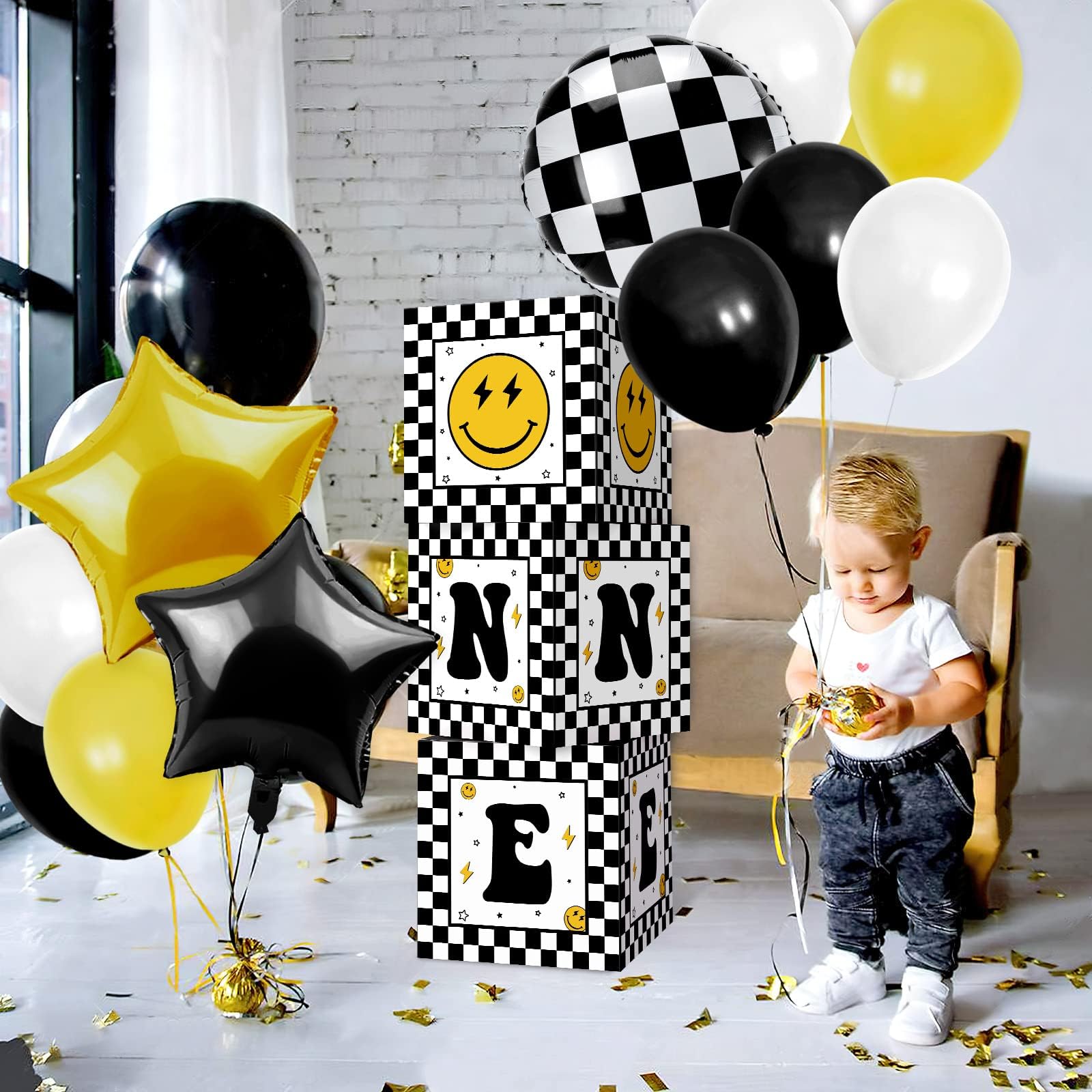 One Happy Dude Balloon Boxes 1st Birthday Party Balloon Blocks Smile Themed Birthday Party Balloon Arch Kit for Boy Party Decor Yellow Black Lightening Checkered Backdrop Favors