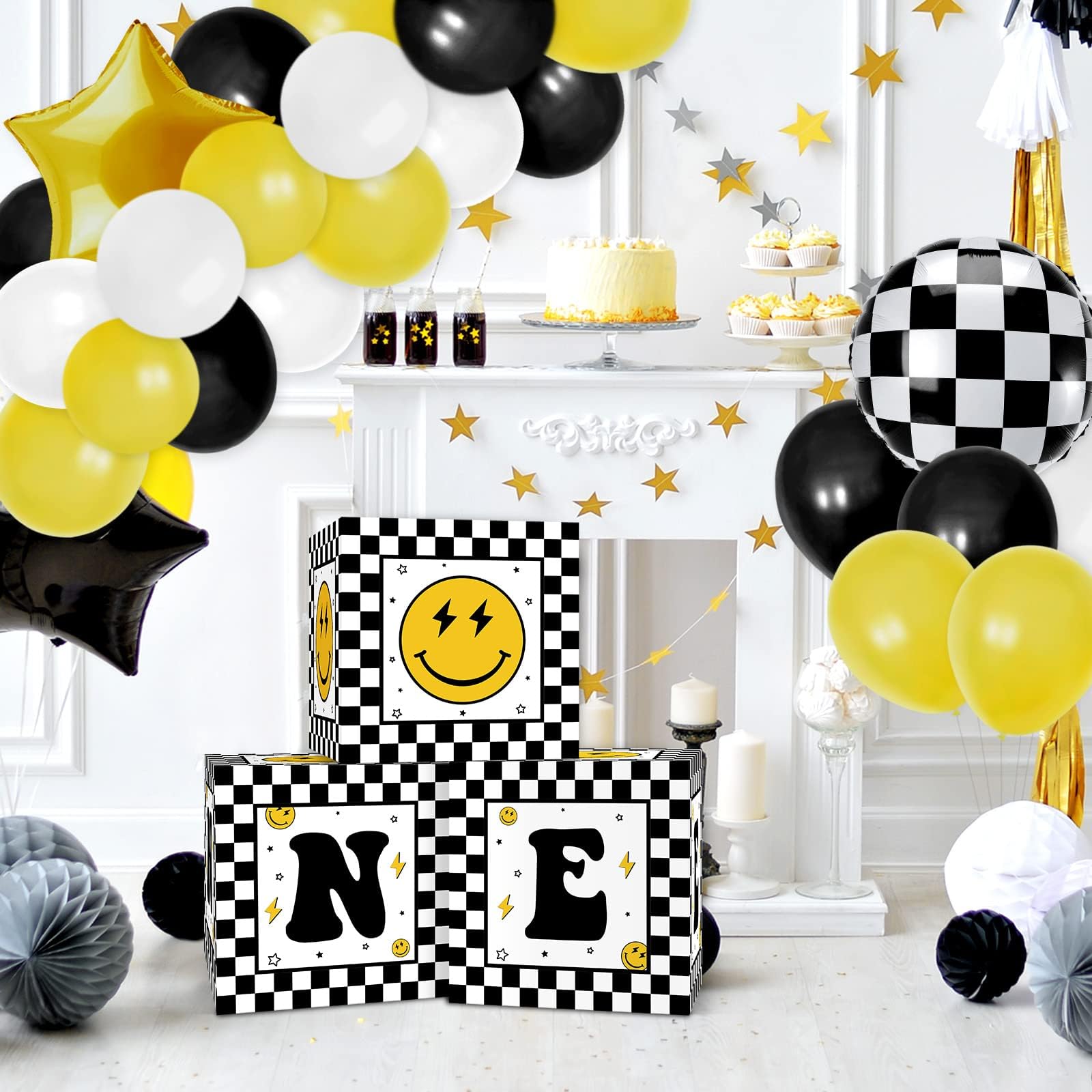 One Happy Dude Balloon Boxes 1st Birthday Party Balloon Blocks Smile Themed Birthday Party Balloon Arch Kit for Boy Party Decor Yellow Black Lightening Checkered Backdrop Favors