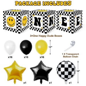 One Happy Dude Balloon Boxes 1st Birthday Party Balloon Blocks Smile Themed Birthday Party Balloon Arch Kit for Boy Party Decor Yellow Black Lightening Checkered Backdrop Favors