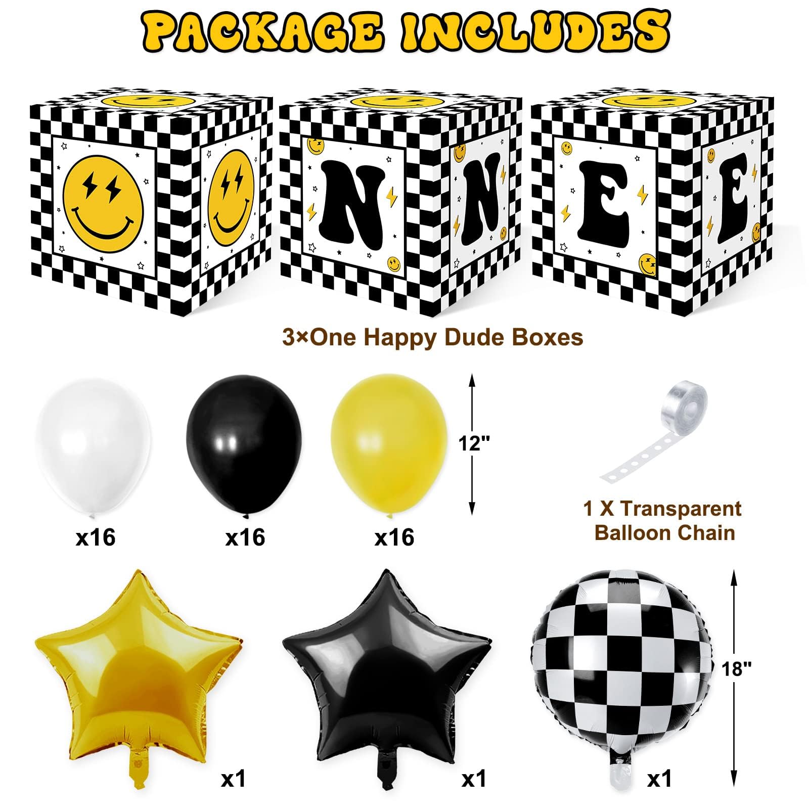 One Happy Dude Balloon Boxes 1st Birthday Party Balloon Blocks Smile Themed Birthday Party Balloon Arch Kit for Boy Party Decor Yellow Black Lightening Checkered Backdrop Favors