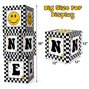 One Happy Dude Balloon Boxes 1st Birthday Party Balloon Blocks Smile Themed Birthday Party Balloon Arch Kit for Boy Party Decor Yellow Black Lightening Checkered Backdrop Favors