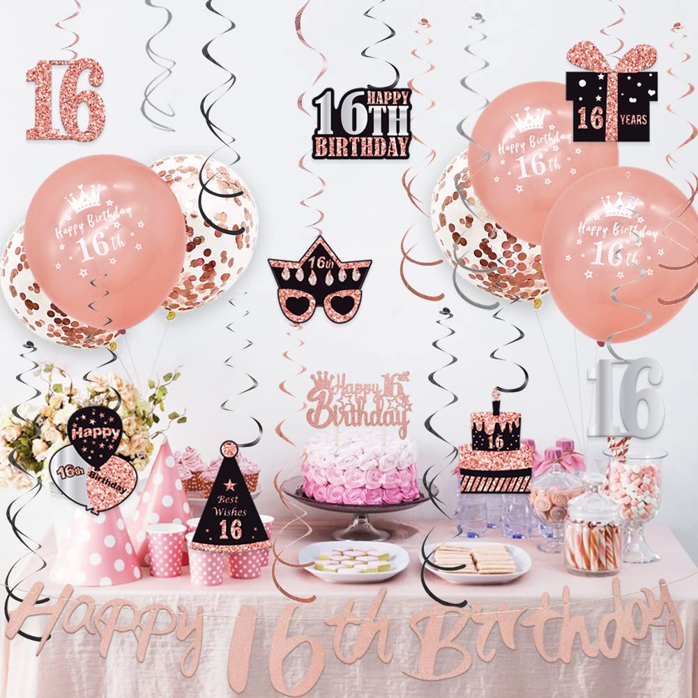 WOJOGO Sweet 16 Party Decorations Rose Gold 16th Birthday Decorations for Girls Pre-strung Happy 16th Birthday Party Banner Hanging Swirls Birthday Cake Topper Balloons