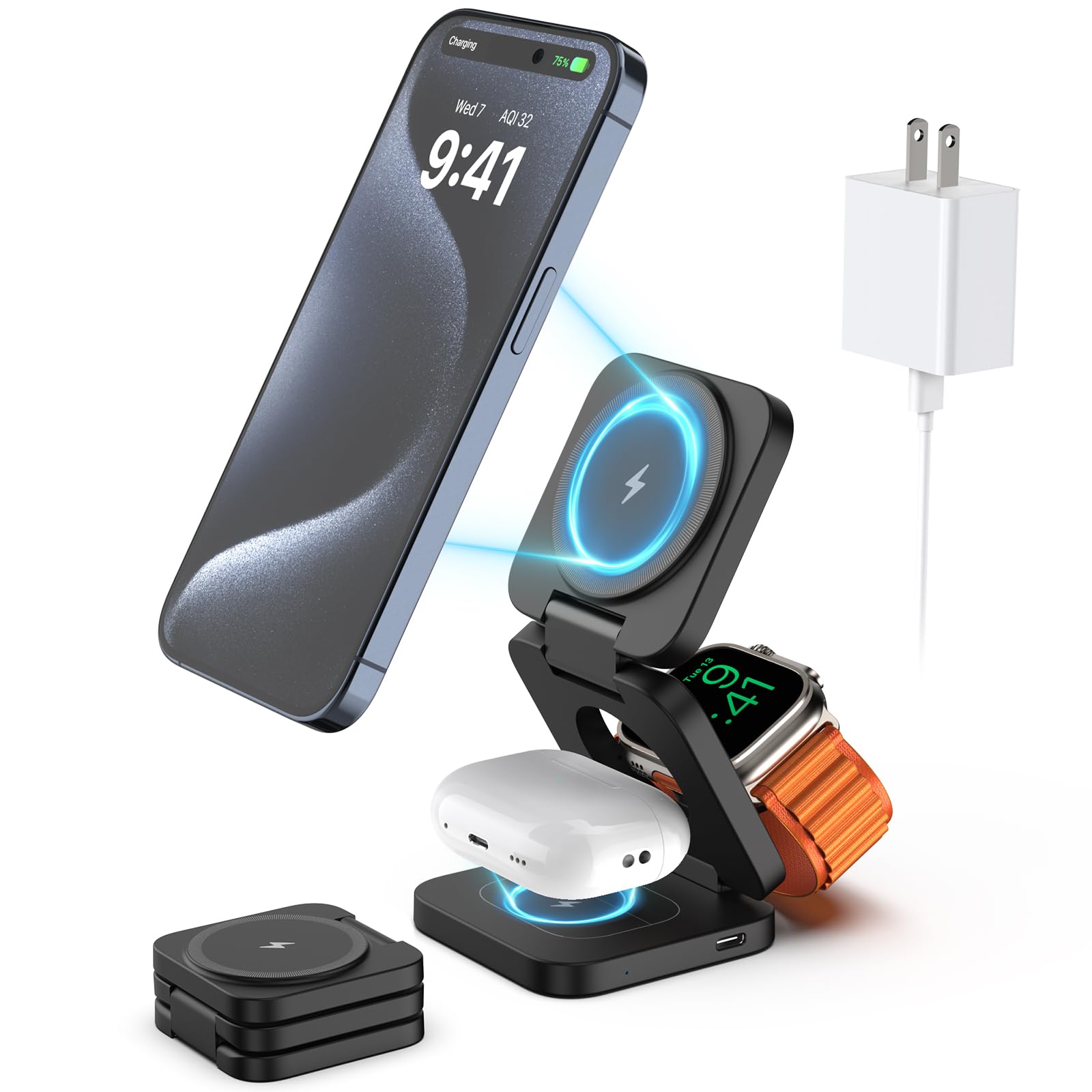 KU XIU Foldable 3 in 1 Charging Station for Apple, Fast Magnetic Wireless Charger Compatible with iPhone 15 14 13 12 Pro/Max/Plus, 5W for Apple Watch 9/8/7/6/5/4/3/2/SE/Ultra 2, AirPods 3/2/Pro(Black)