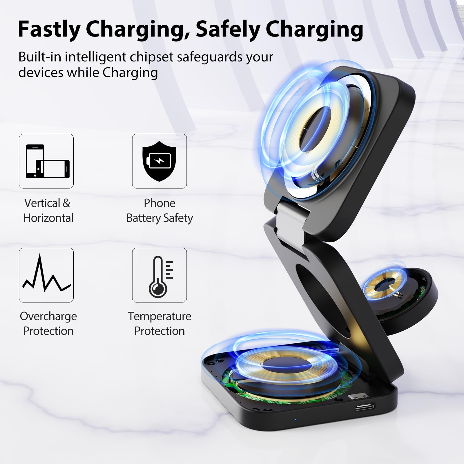 KU XIU Foldable 3 in 1 Charging Station for Apple, Fast Magnetic Wireless Charger Compatible with iPhone 15 14 13 12 Pro/Max/Plus, 5W for Apple Watch 9/8/7/6/5/4/3/2/SE/Ultra 2, AirPods 3/2/Pro(Black)