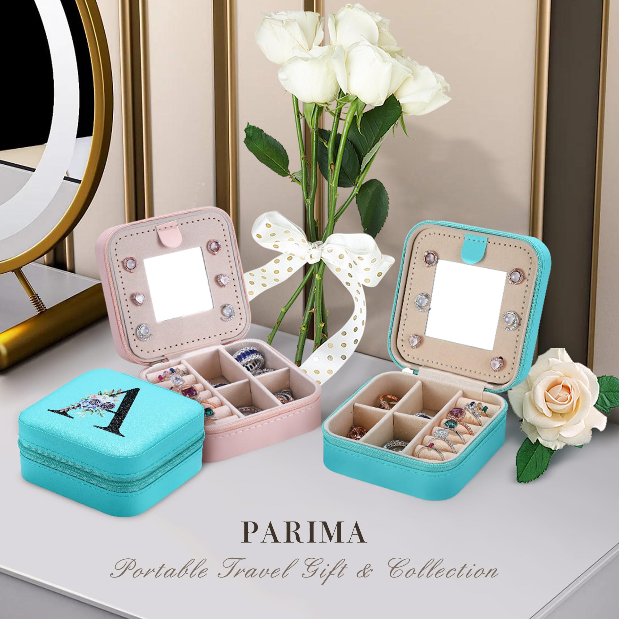 Parima Travel Jewelry Case for for Girls Fashion, L Initial Blue Jewelry Case Mini Jewelry Travel Case for Girls Jewelry Box for Girls Airport Travel Accessories Must Haves Jewelry Case