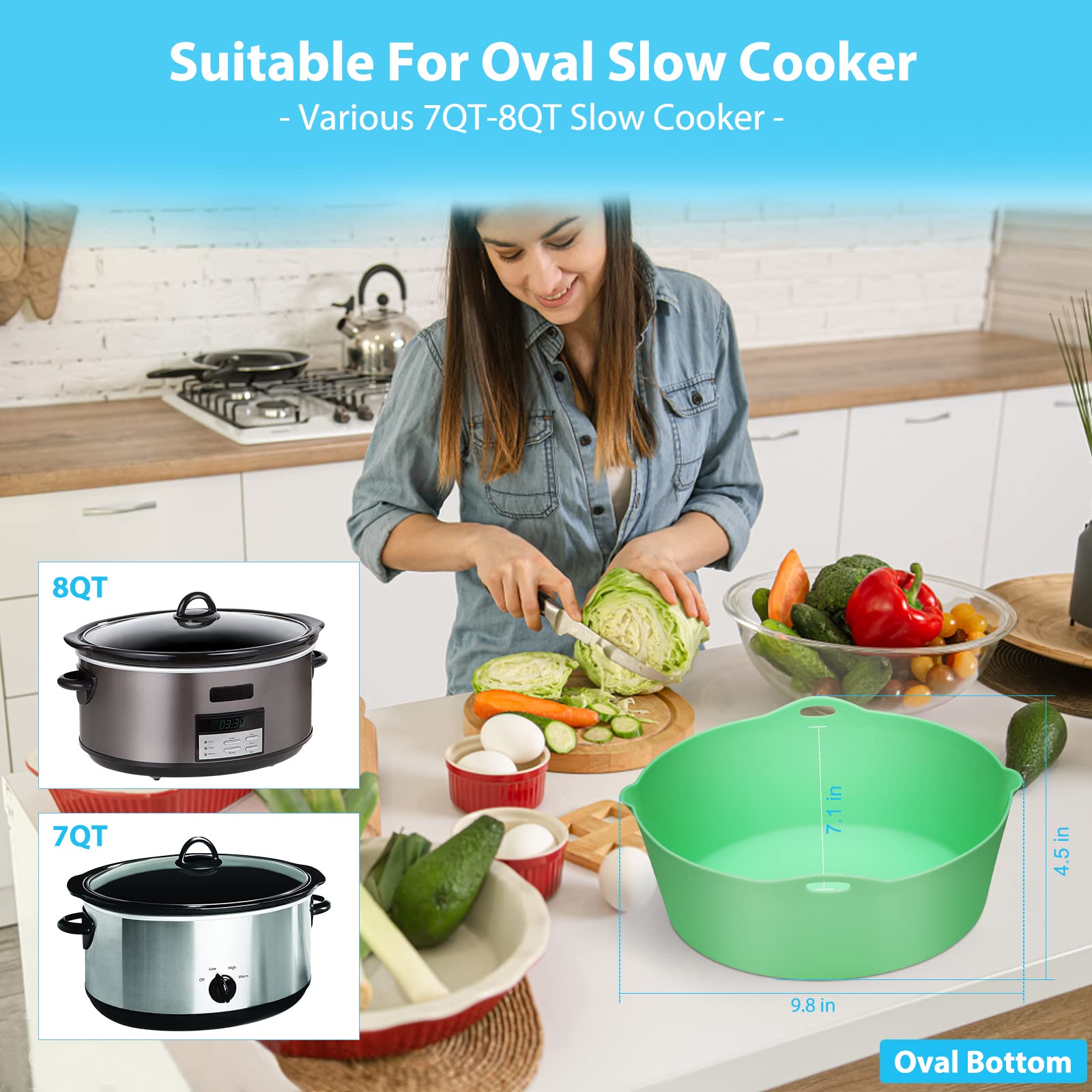 2Pack Silicone Slow Cooker Liners, Reusable Silicone 7 to 8 Quart Slow Cooker Divider Liner,Crock Pot liners,Divider Insert Slow Cooker Liners, BPA-Free, Dishwasher Safe, Oval Slow Cooker For 7QT-8QT