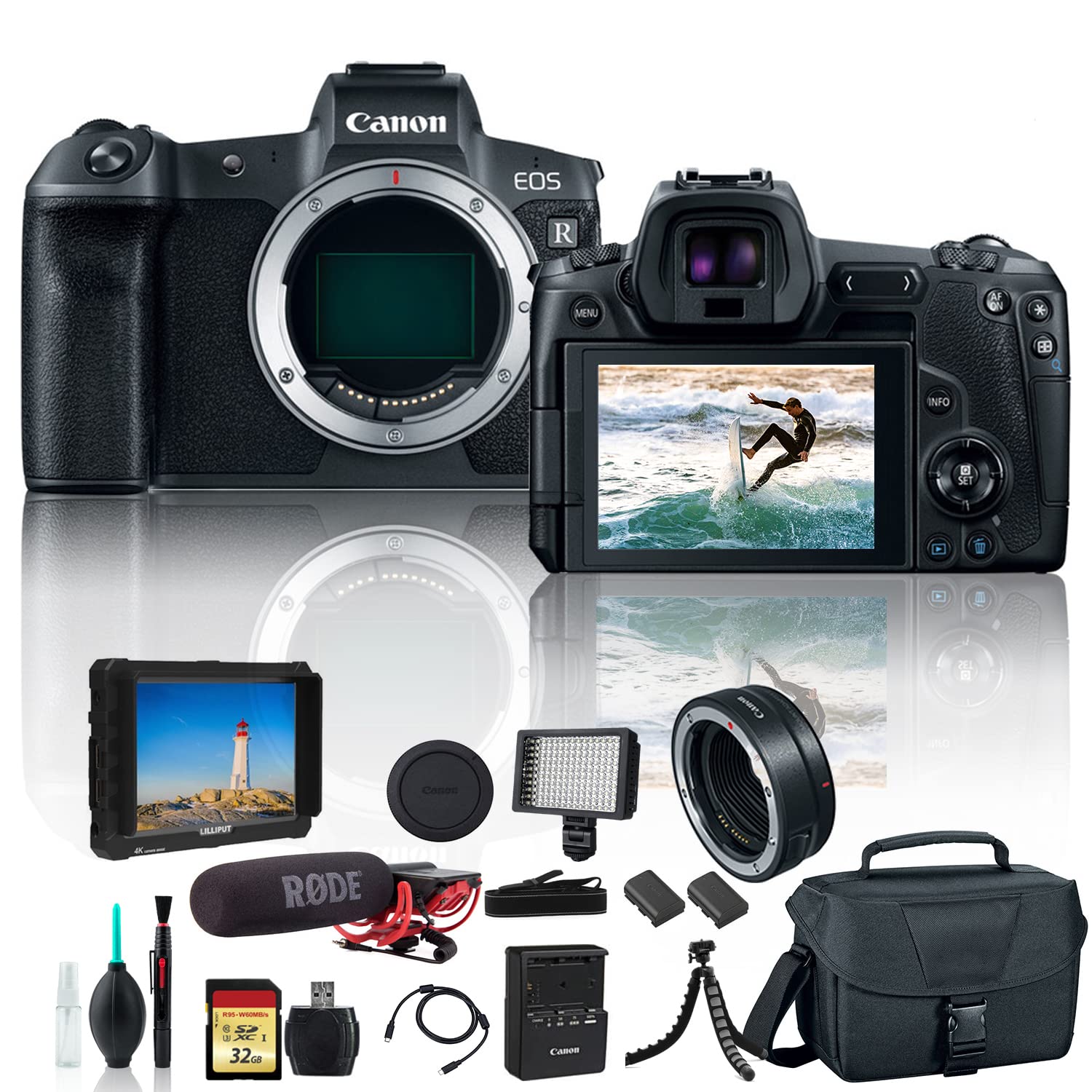 Canon EOS R Mirrorless Digital Camera 3075C002 with Extra Battery, EF Mount Adapter, Bag, 32GB Memory Card, Rode Mic, LED Light, External 4K Monitor and More (Renewed)