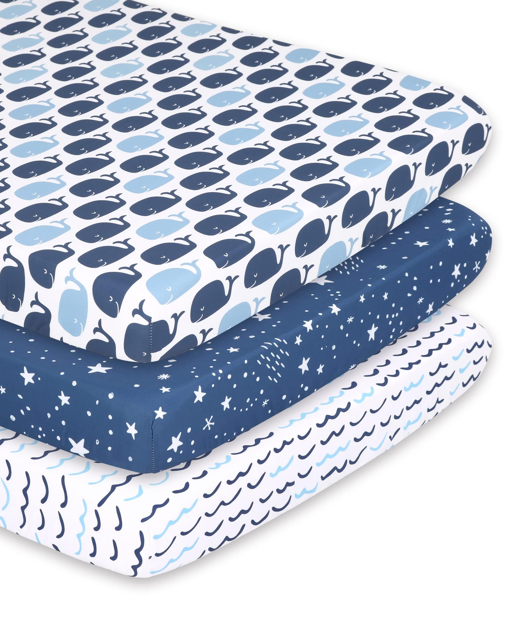 The Peanutshell Mini Crib Sheets Set for Pack & Play, Playard, Playpen, Mini Crib, 3 Pack, Nautical Whale