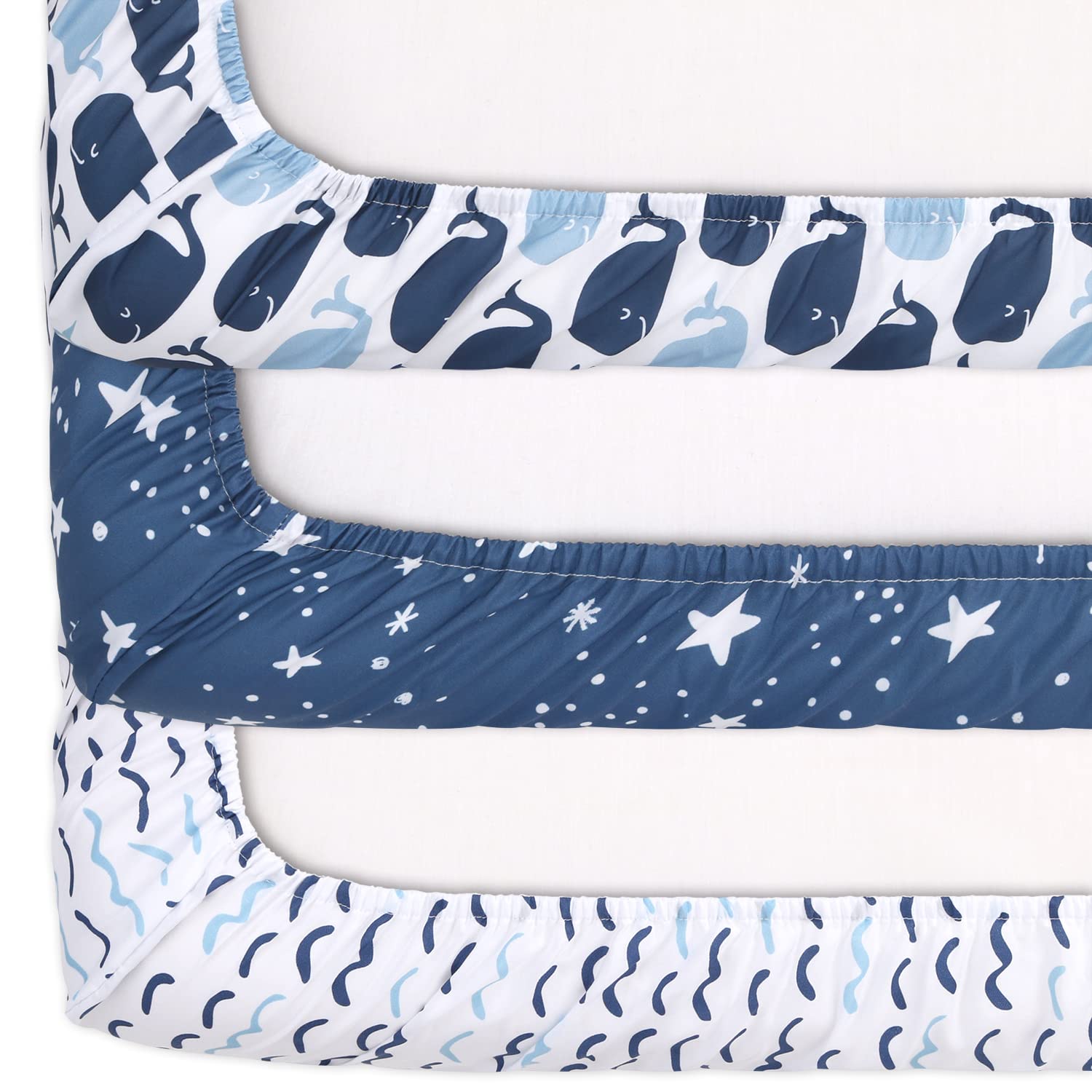 The Peanutshell Mini Crib Sheets Set for Pack & Play, Playard, Playpen, Mini Crib, 3 Pack, Nautical Whale