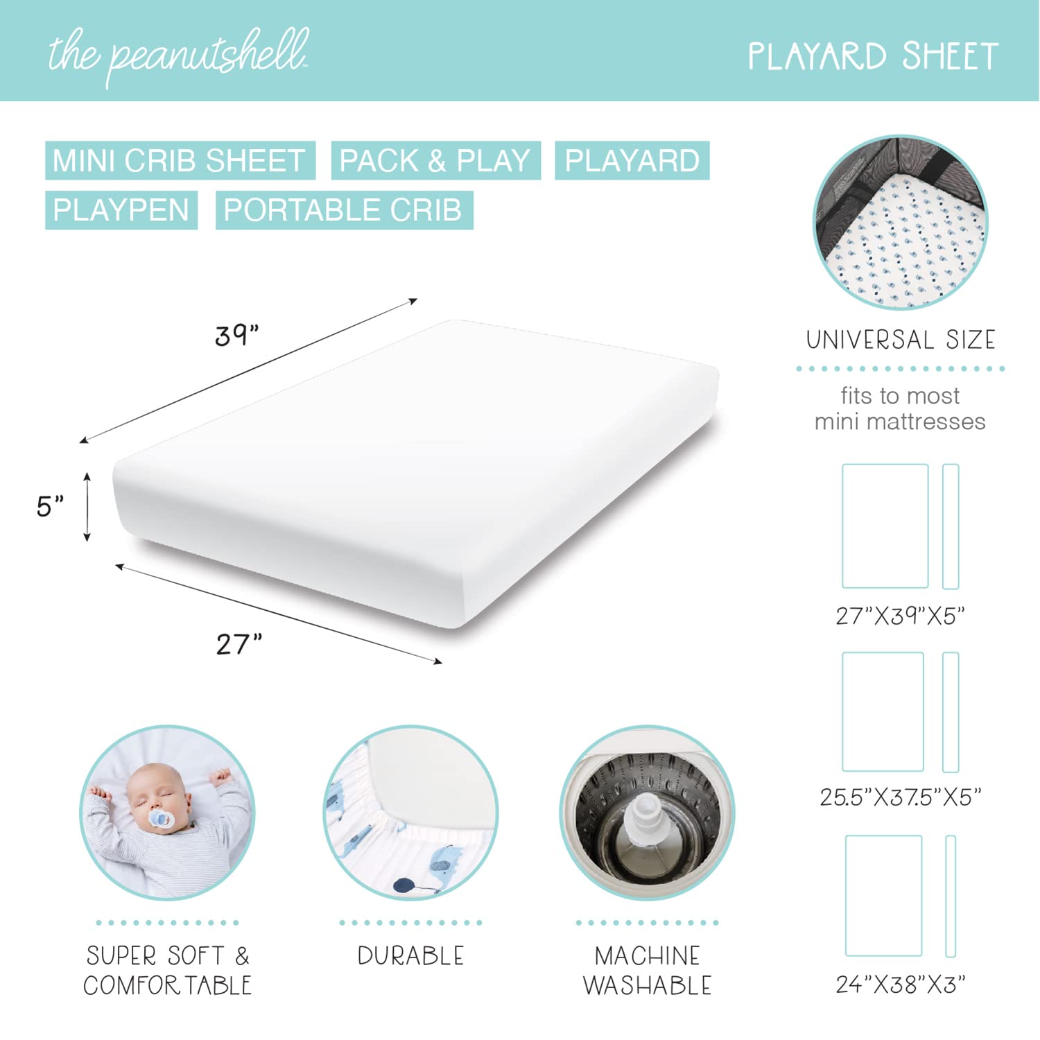 The Peanutshell Mini Crib Sheets Set for Pack & Play, Playard, Playpen, Mini Crib, 3 Pack, Nautical Whale