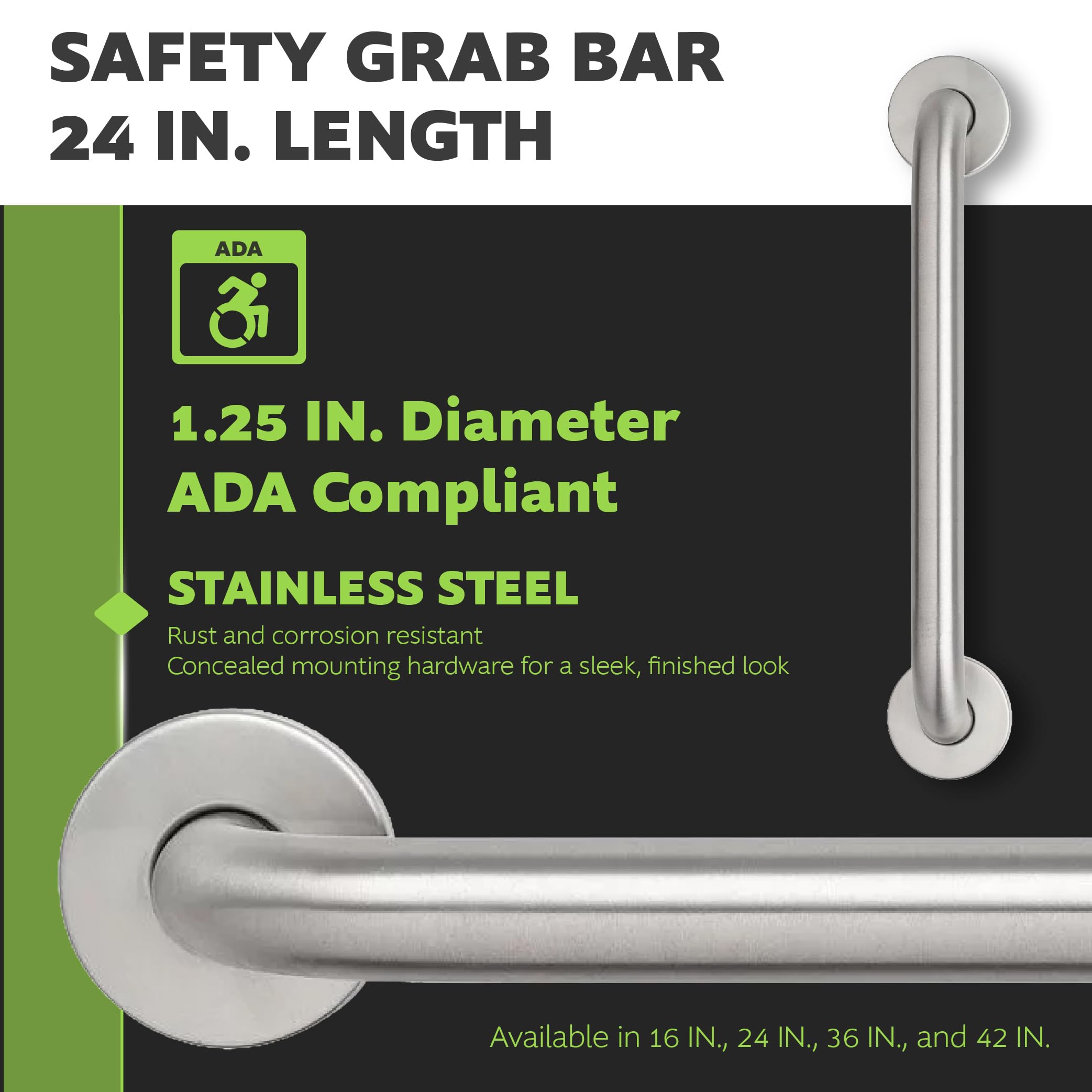 Homewerks 068 HW11416SS 24 inch Bathroom Grab Bar with 1-1/4 Inch Diameter and Concealed Screws ADA Compliant, Stainless Steel