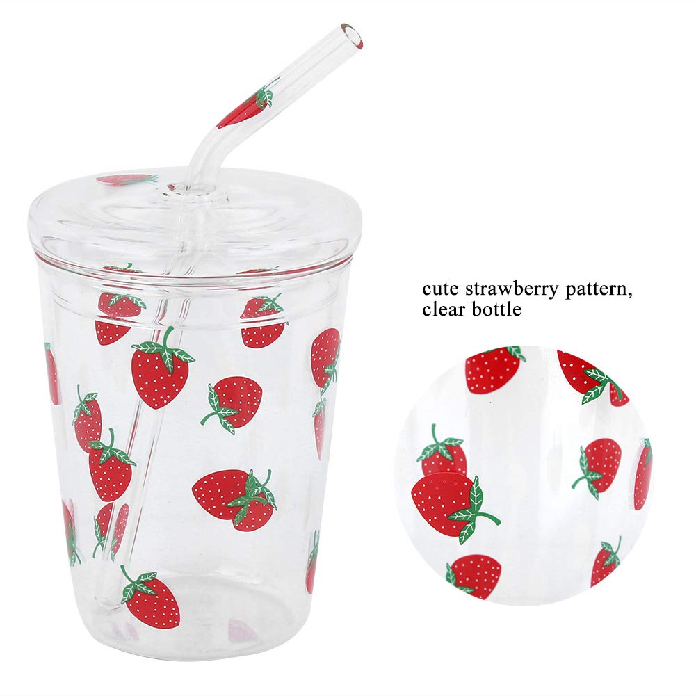 Cute Glass Cups With Lids And Straws, 300ml Strawberry Glass Cup, Heat Proof Cute Strawberry Mug Kawaii Cup, For Home Office