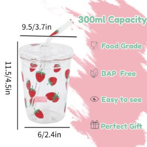 Cute Glass Cups With Lids And Straws, 300ml Strawberry Glass Cup, Heat Proof Cute Strawberry Mug Kawaii Cup, For Home Office