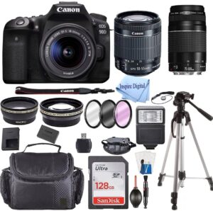 canon eos rebel 90d dslr camera w/ef-s 18-55mm f/3.5-5.6 lens + ef 75-300mm f/4-5.6 iii lens + 128gb memory + case + filters + tripod + inspire digital cloth & more (renewed)