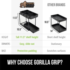 Gorilla Grip 2 Tier Under Sink Organizer, Pull Out Cabinet Organizers with Hooks, Slide Drawers Hold Up to 15lbs Each, Easy Assembly Storage for Kitchen Bathroom Coffee Bar, Shelf Organization, Black