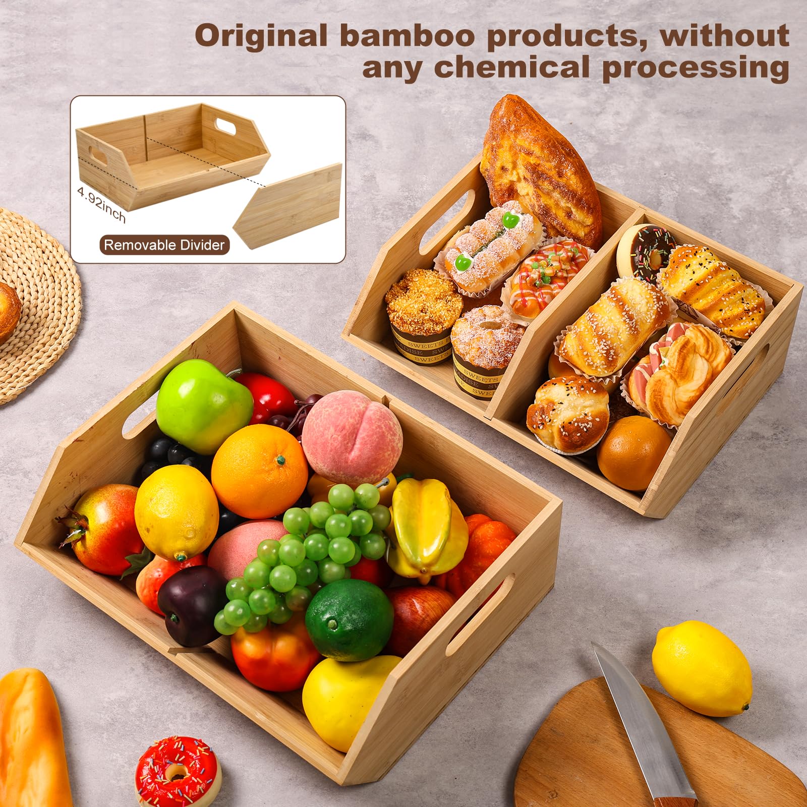 BYOA Official 2 Set Bamboo Storage Bins, Pantry Organizers and Storage, Kitchen Countertop Organization and Storage Basket for Produce, Onions, Potatoes, Garlic, Fruits, Vegetable and Bread