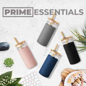 Prime Essentials Premium 4-Pack 20oz Glass Tumblers With Silicone Sleeves | Bamboo Glass Cups With Lids And Straws | Iced Coffee Cup, Smoothie Cup, & More | Microwave/Dishwasher Safe | BPA-Free