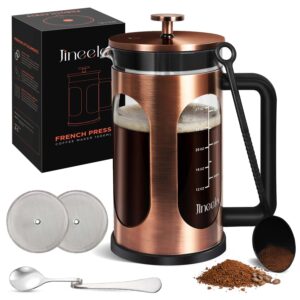 jineelo 34 ounce 1 liter french press coffee maker with 4-level filtration, tea maker, stainless steel coffee press, cold brew heat resistant borosilicate glass coffee pot for travel gifts.