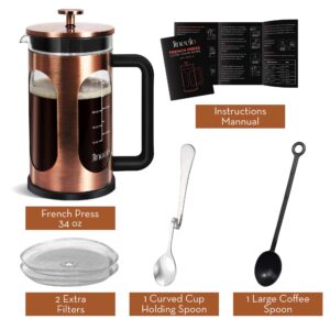 Jineelo 34 Ounce 1 Liter French Press Coffee Maker with 4-Level Filtration, Tea Maker, Stainless Steel Coffee Press, Cold Brew Heat Resistant Borosilicate Glass Coffee Pot for Travel Gifts.