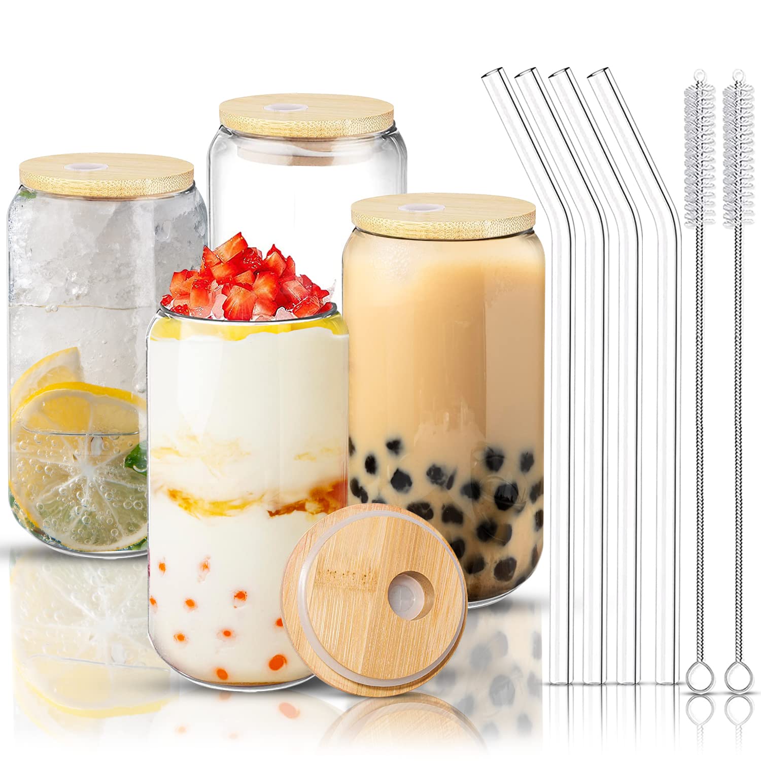 Ritzy Home Shopping - Aesthetic Set of 4-16 Oz Tumbler Glasses with Bamboo Lids and Glass Straws - Clear Drinking Glass Design for Iced Coffee, Tea, Cocktail, latte or Beer.