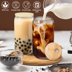 Ritzy Home Shopping - Aesthetic Set of 4-16 Oz Tumbler Glasses with Bamboo Lids and Glass Straws - Clear Drinking Glass Design for Iced Coffee, Tea, Cocktail, latte or Beer.