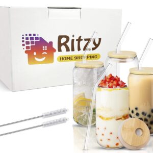 Ritzy Home Shopping - Aesthetic Set of 4-16 Oz Tumbler Glasses with Bamboo Lids and Glass Straws - Clear Drinking Glass Design for Iced Coffee, Tea, Cocktail, latte or Beer.