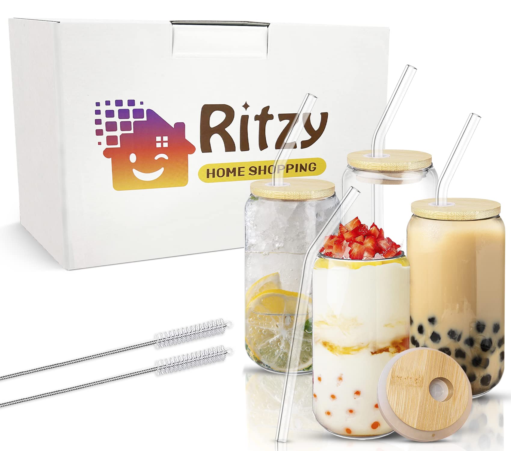 Ritzy Home Shopping - Aesthetic Set of 4-16 Oz Tumbler Glasses with Bamboo Lids and Glass Straws - Clear Drinking Glass Design for Iced Coffee, Tea, Cocktail, latte or Beer.