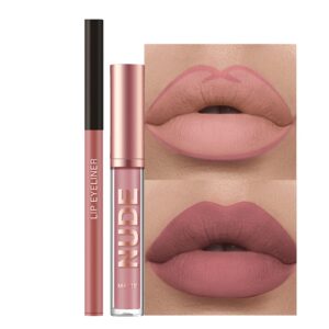 rosarden 2pcs matte lipstick and lip liner set - nude lip gloss and lip liner set - non-stick cup waterproof long lasting lipstick and lip liner set -velvety cream lipliner lip gloss makeup set(#01)