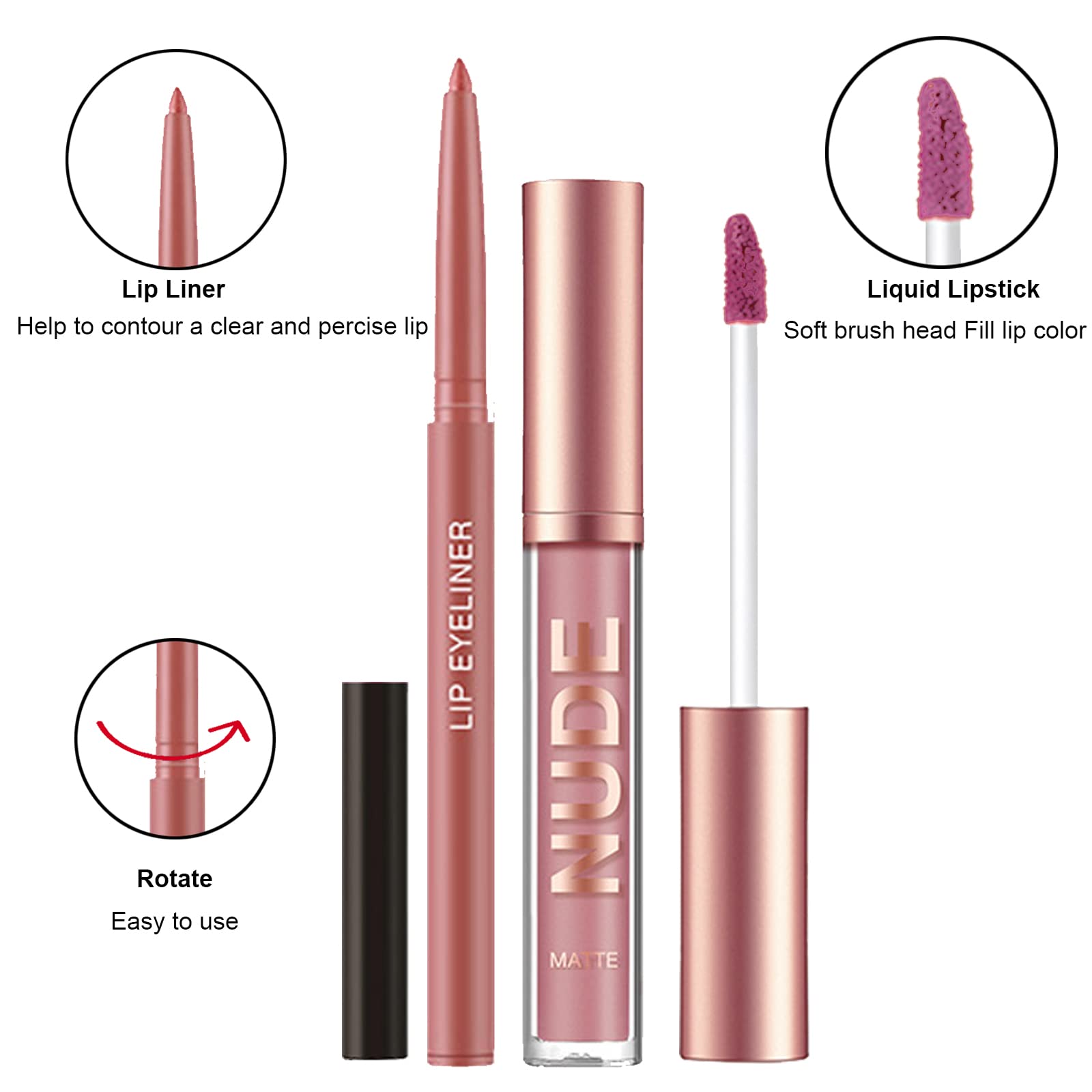 Rosarden 2Pcs Matte Lipstick and Lip Liner Set - Nude Lip Gloss and Lip Liner Set - Non-Stick Cup Waterproof Long Lasting Lipstick and Lip Liner Set -Velvety Cream Lipliner Lip Gloss MakeUp Set(#01)